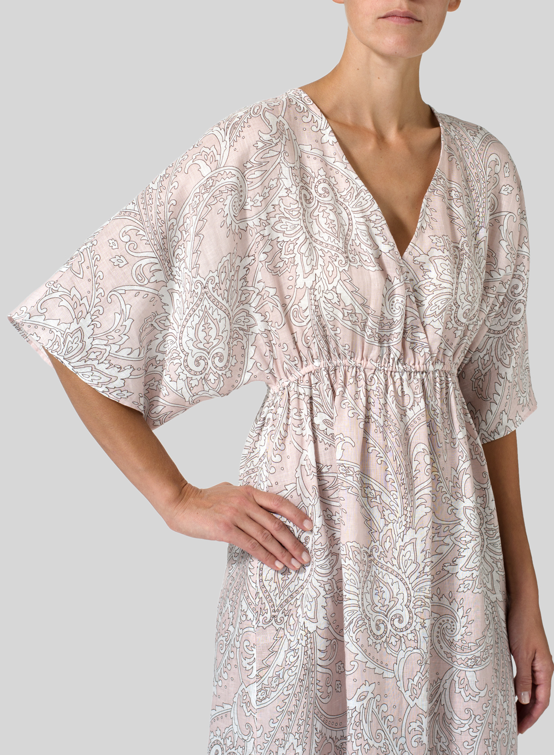 Linen Printed V Neck Dolman Sleeves Dress Plus Size