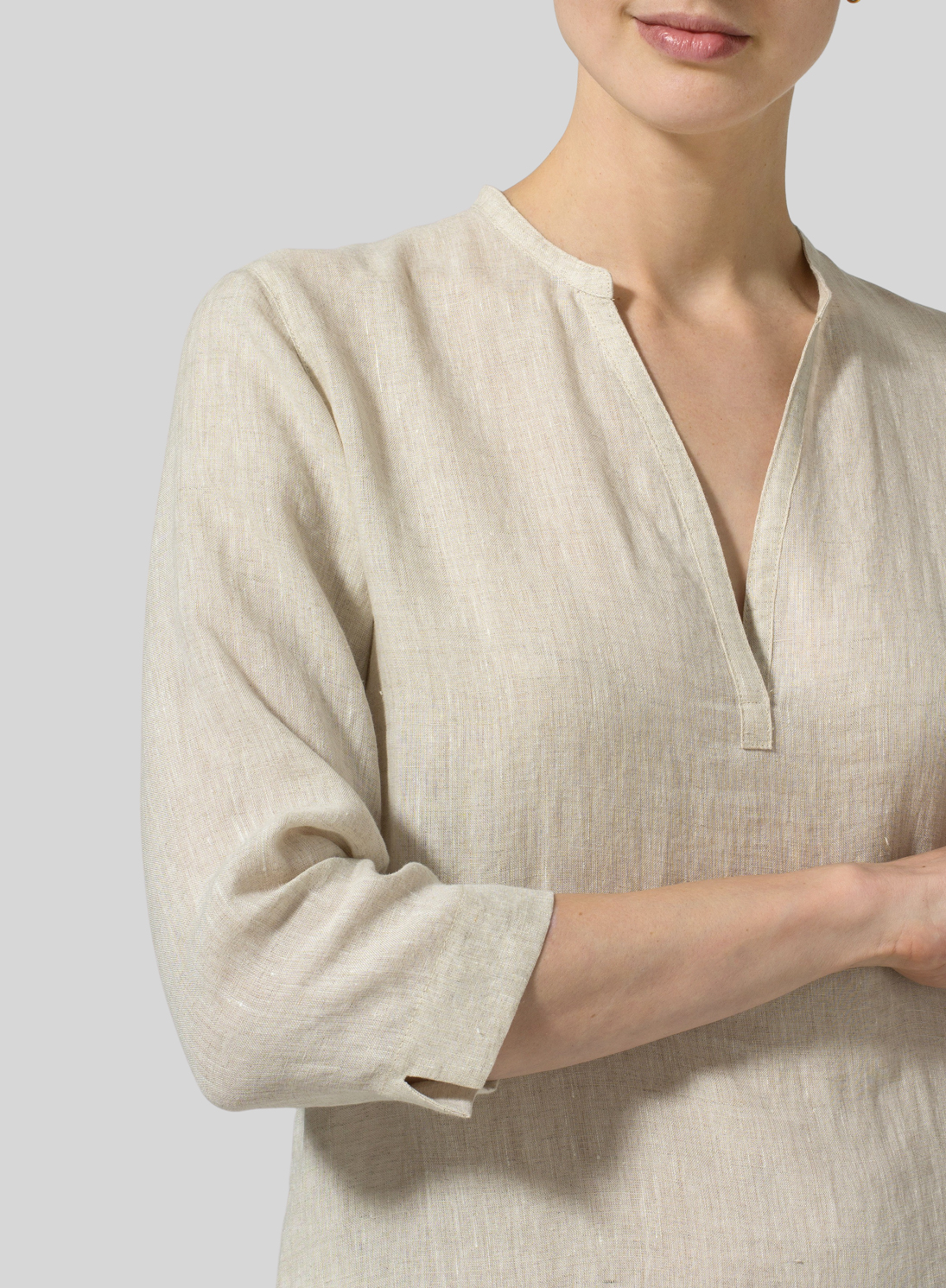 Linen V-neck Mandarin Collar Dress Tunic