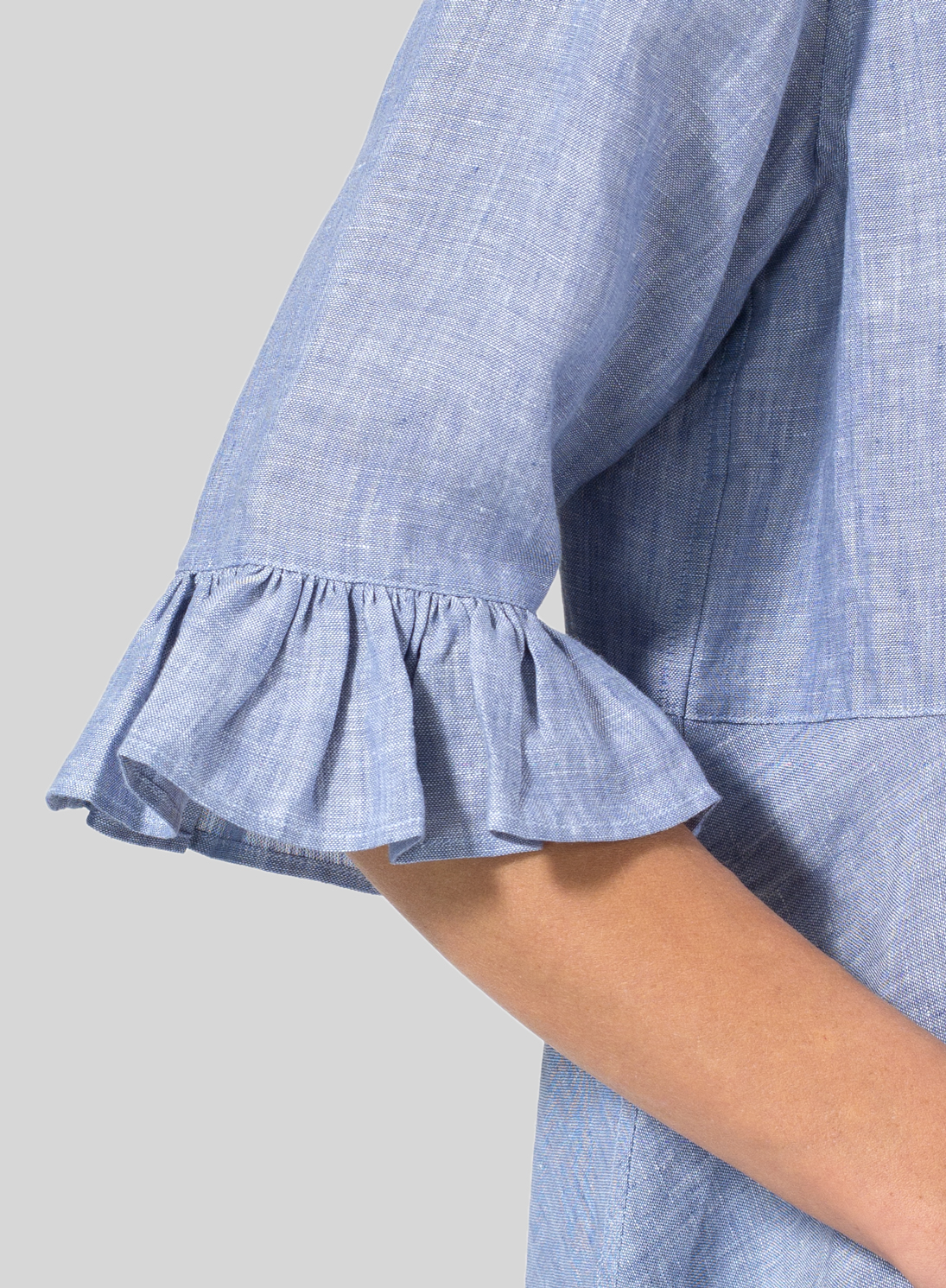 Two Tone Blue White Linen Ruffle Sleeves Long Dress