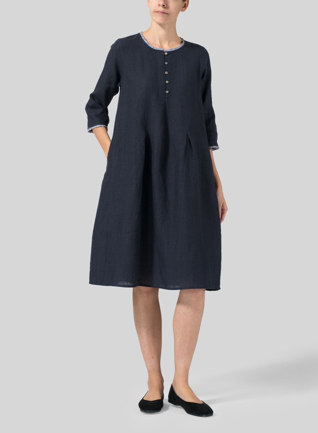Linen Embroidered Hemline Dress - Plus Size