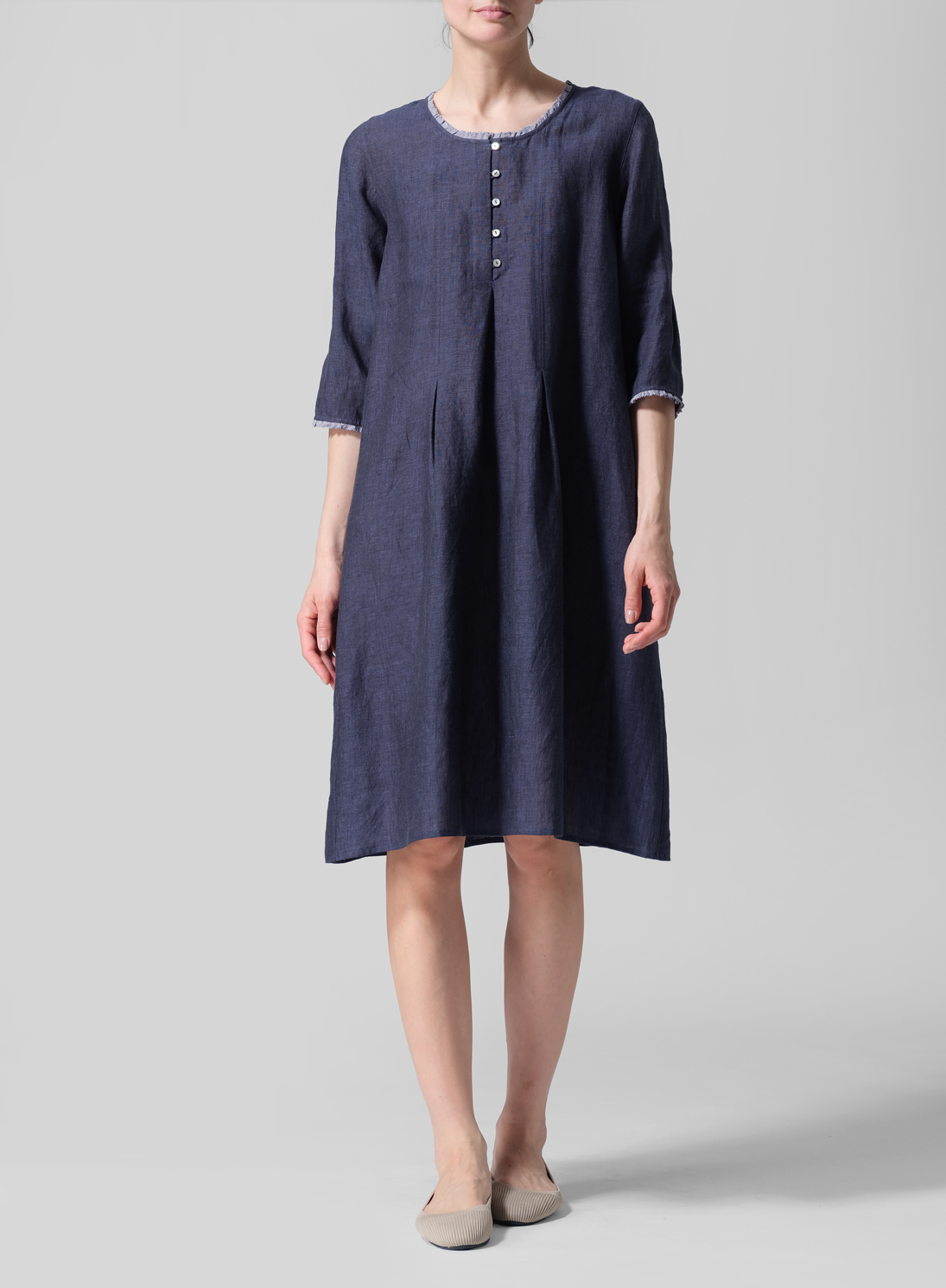 Linen Embroidered Hemline Dress - Plus Size