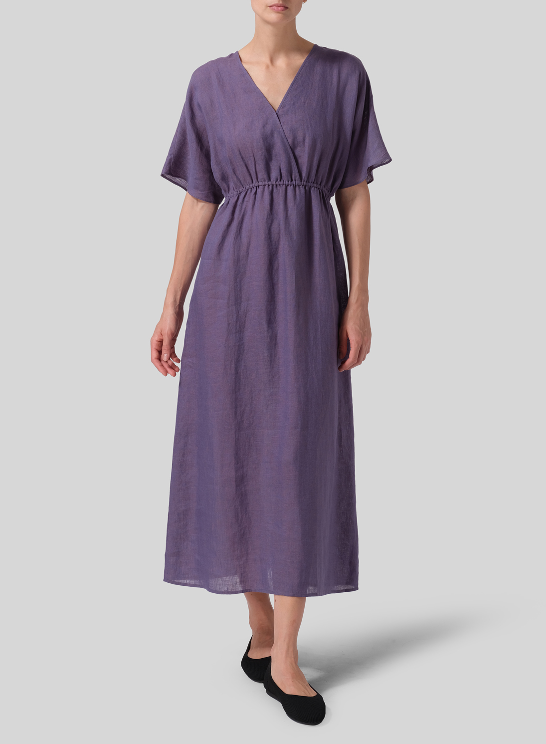Linen V-Neck Dolman Sleeves Dress - Plus Size