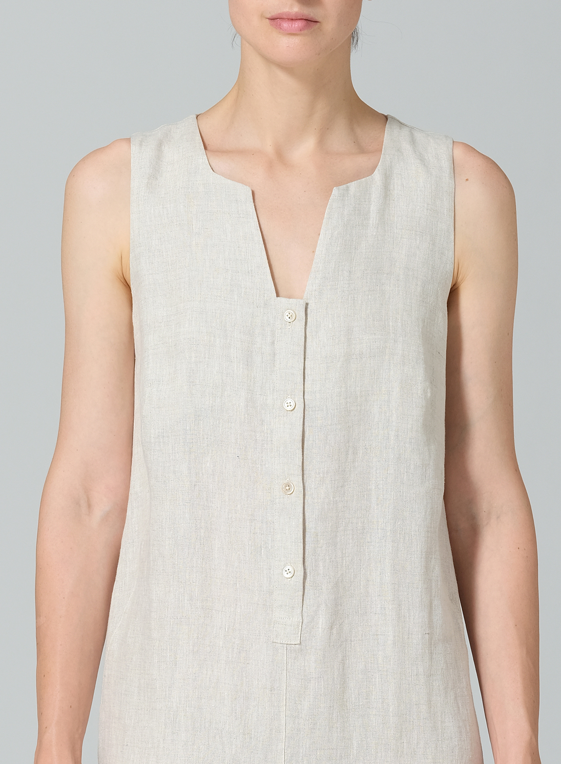 Linen Front Placket Opening Straight Cut Long Dress - Plus Size