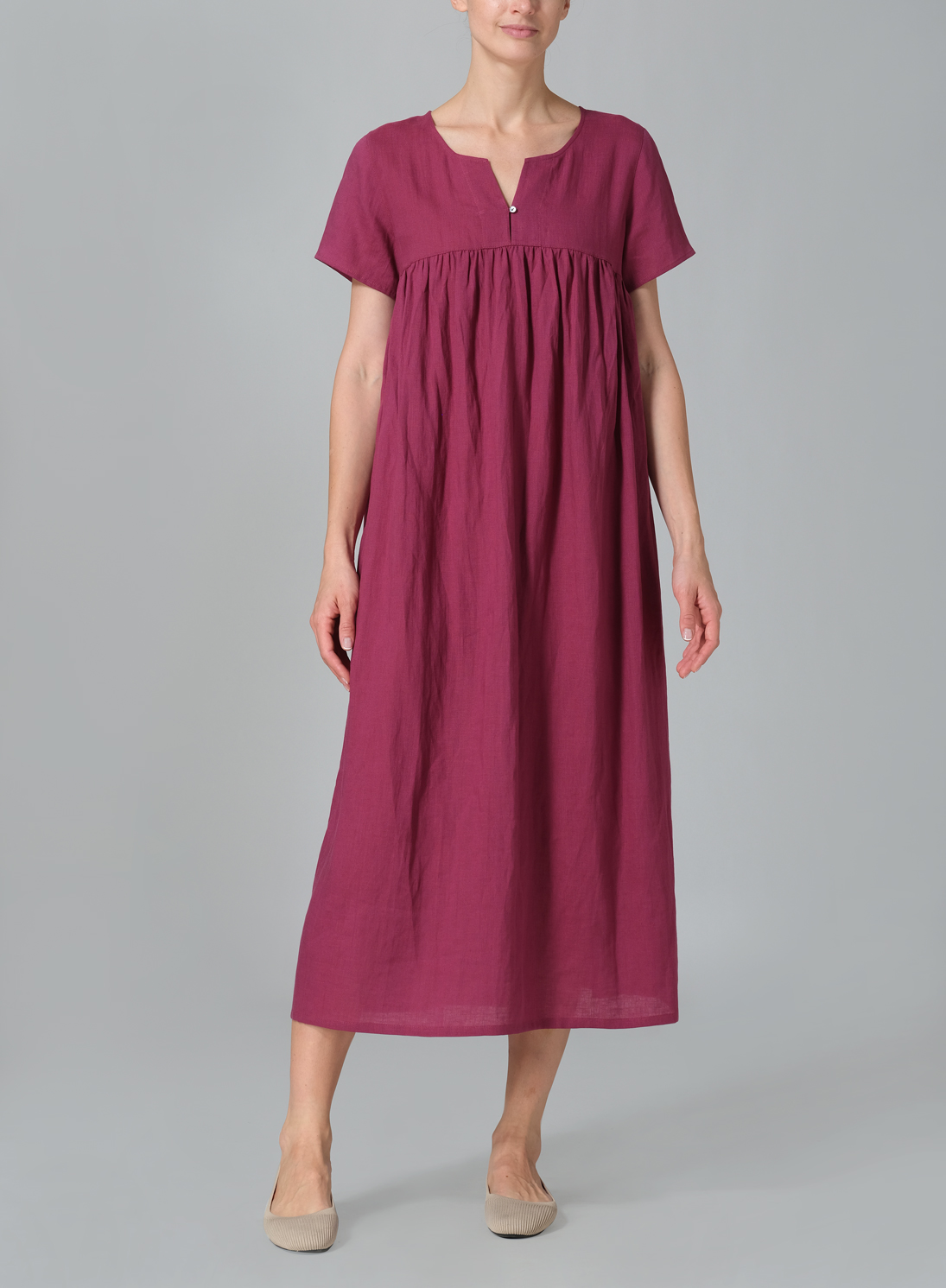 Red Violet Linen Short Sleeves Pleated Maxi Dress