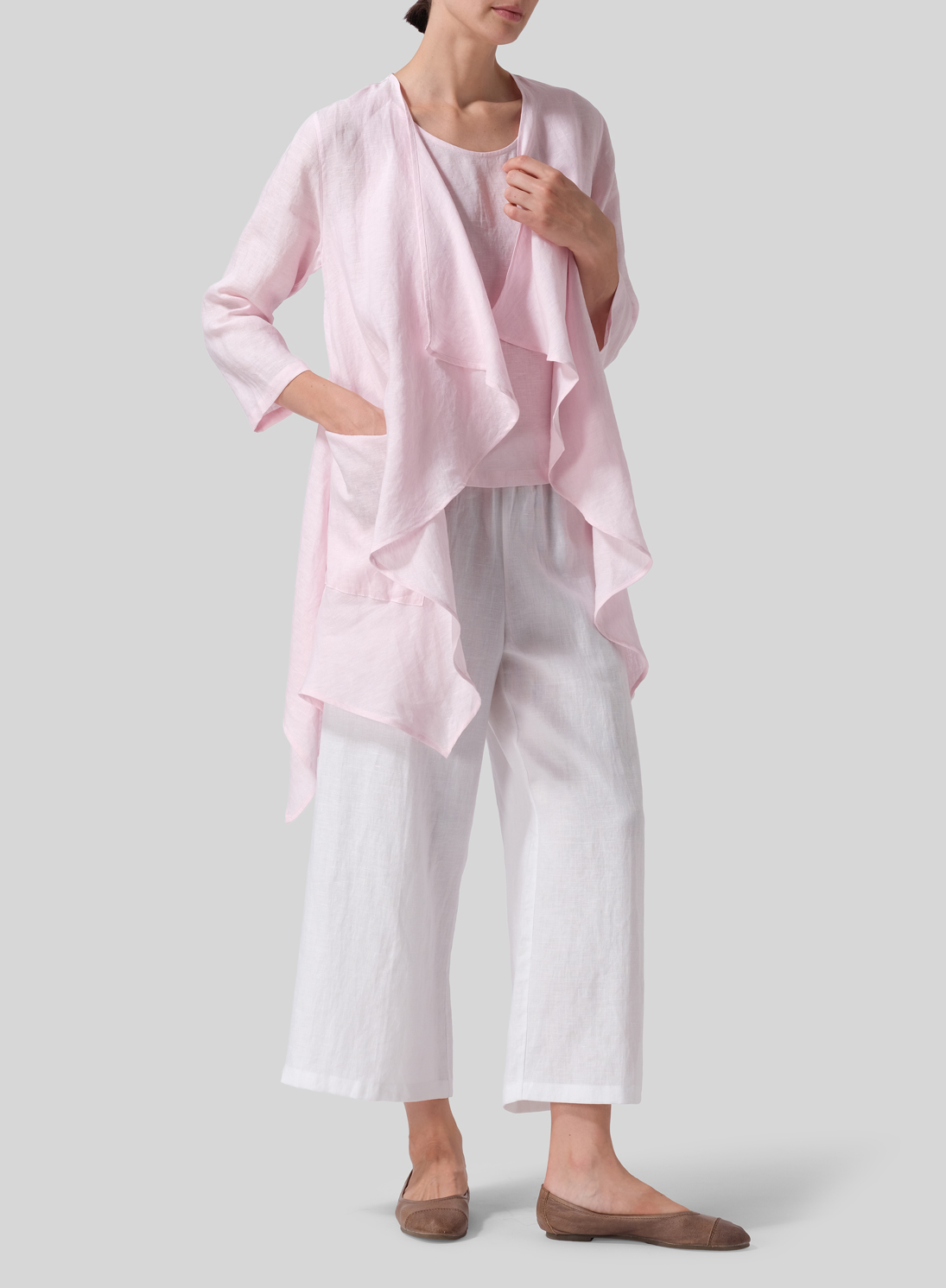 Pink Linen Waterfall Open Jacket - Plus Size