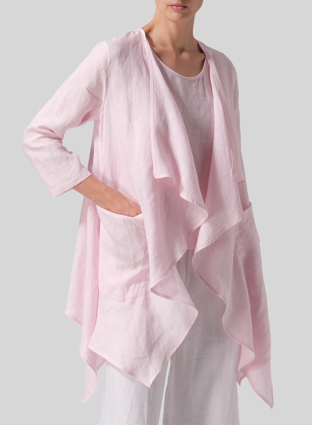 Pink Linen Waterfall Open Jacket - Plus Size