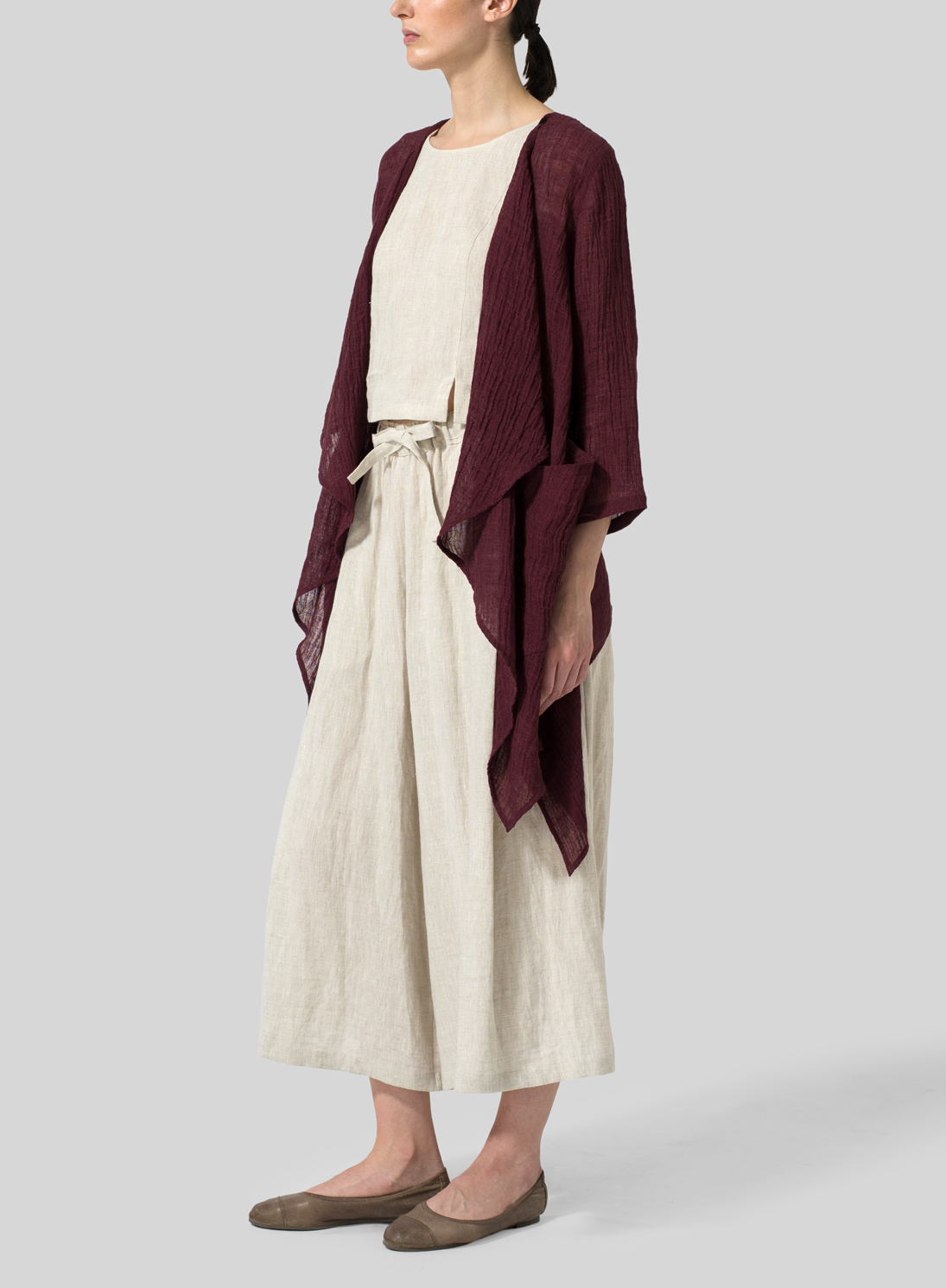Plum Linen Waterfall Open Gauze Jacket Set