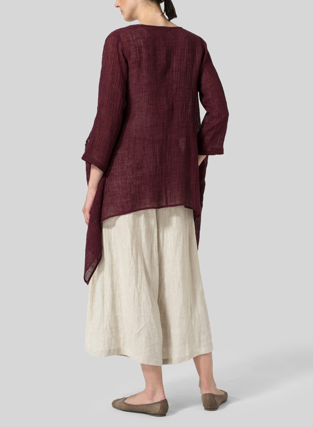 Plum Linen Waterfall Open Gauze Jacket Set
