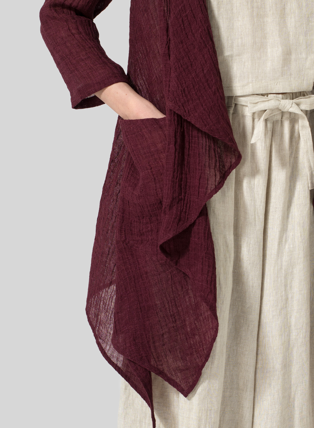 Plum Linen Waterfall Open Gauze Jacket Set