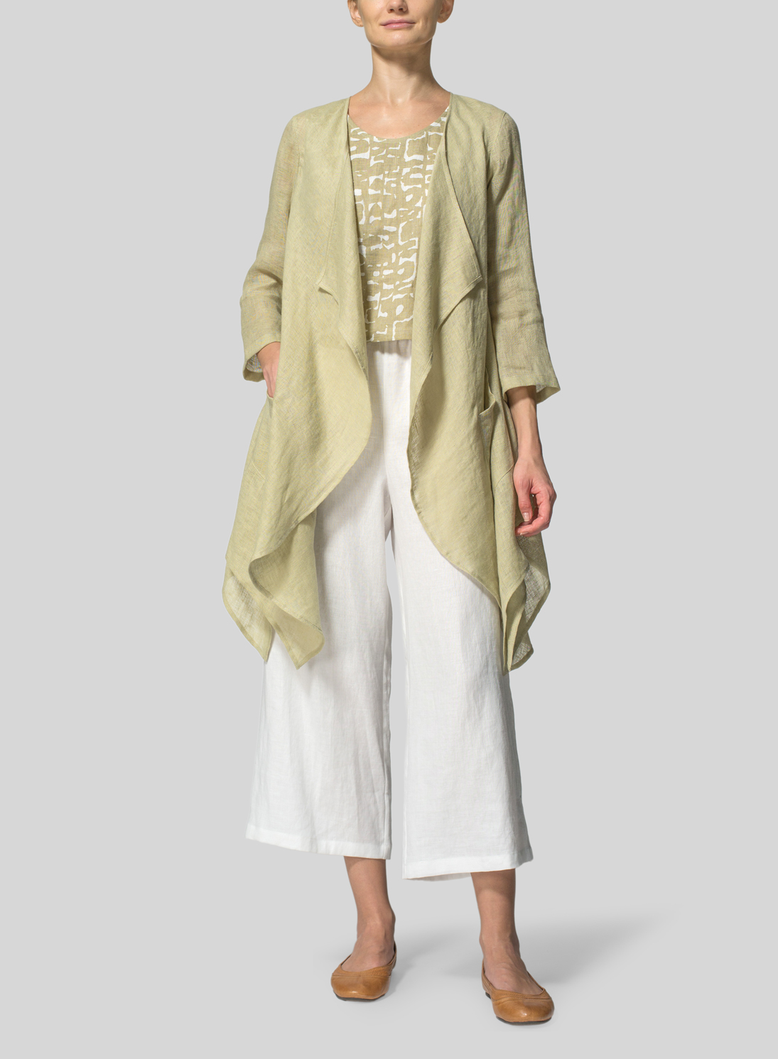 Pale Goldenrod Woven Linen Waterfall Open Jacket - Plus Size