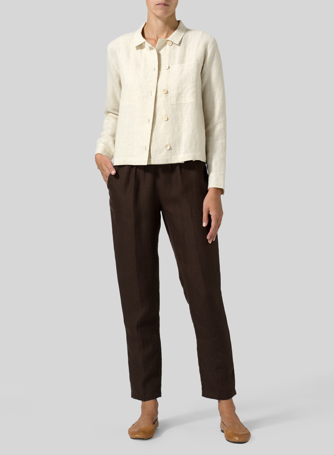 Linen Cropped Shirt Jacket with Pockets - Plus Size