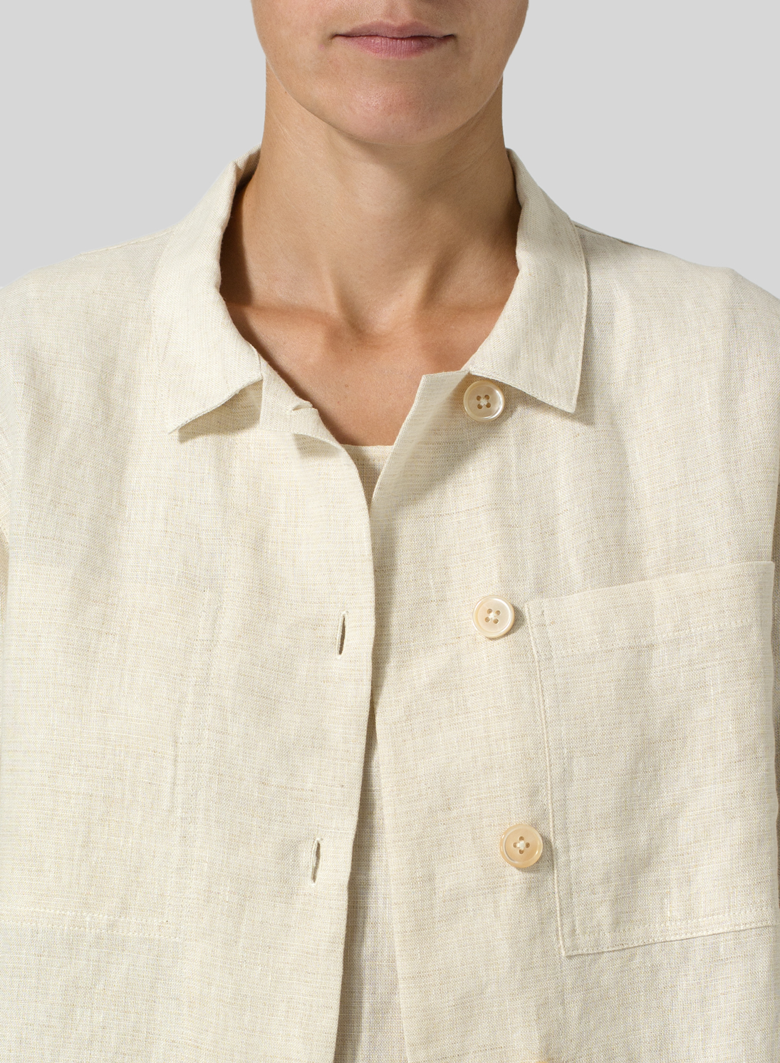 Linen Cropped Shirt Jacket with Pockets - Plus Size