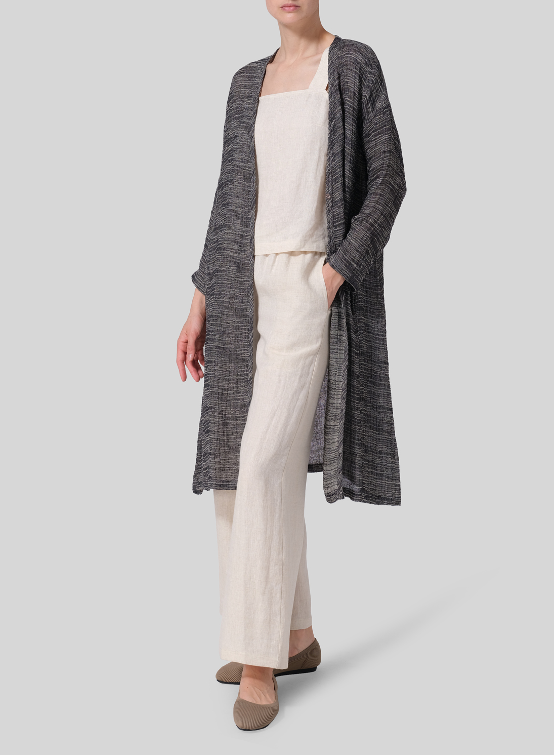 Gauze Linen Blend Stripe Long Jacket - Plus Size