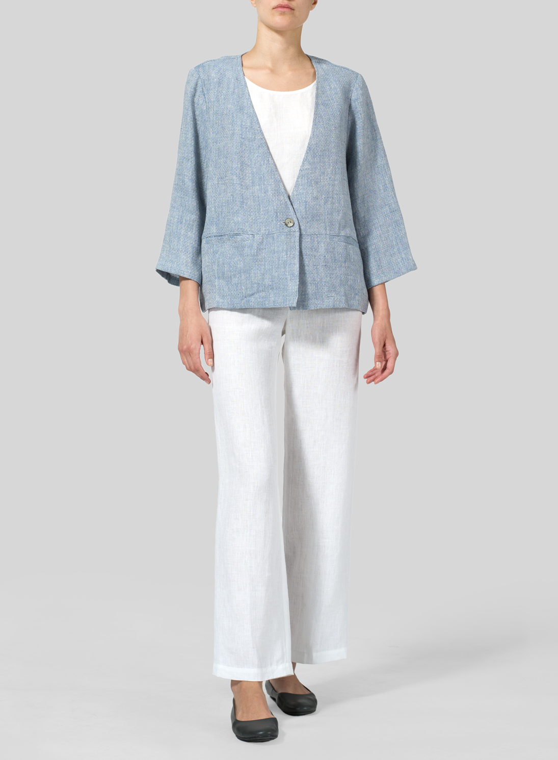 Blue White Weave Linen Boxy Fit Jacket Set