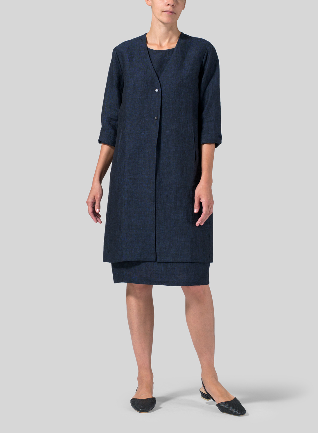 Denim Blue Linen Straight Fit V-Neck Long Jacket