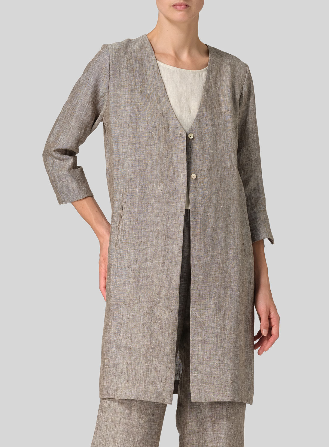 Linen Straight Fit V-Neck Long Jacket - Plus Size