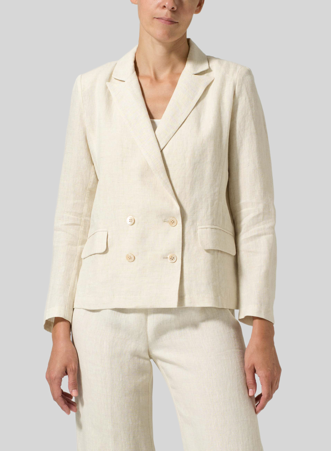 Sand Linen Double-Breasted Cropped Blazer Set