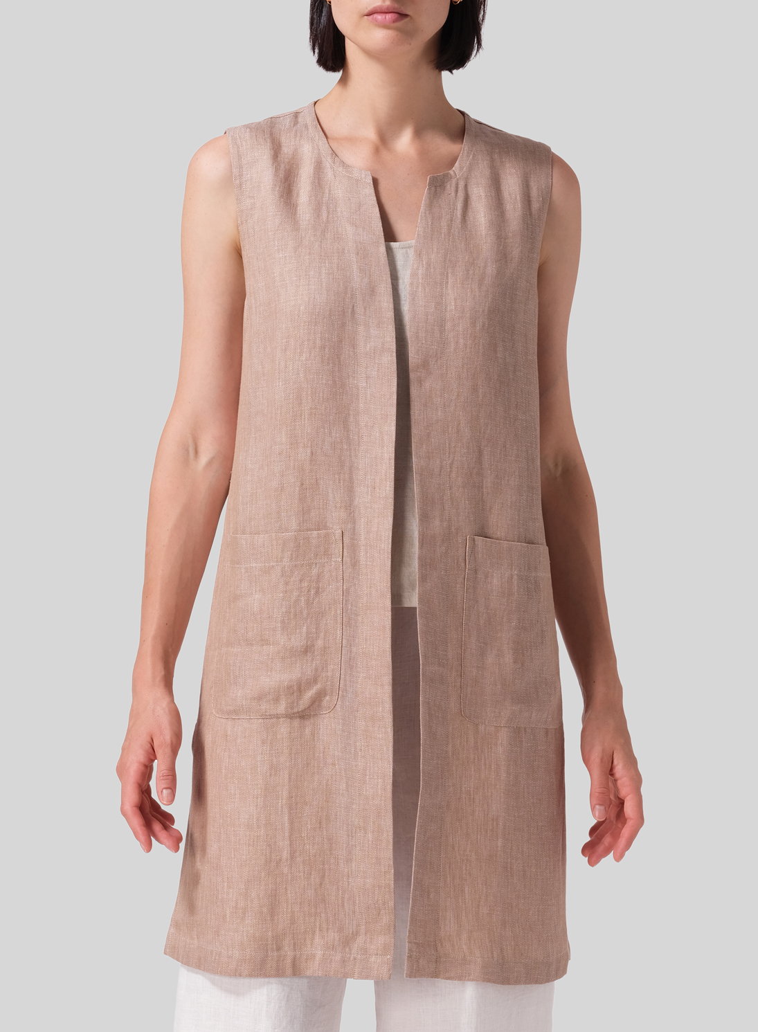 Linen Open Front Sleeveless Long Jacket