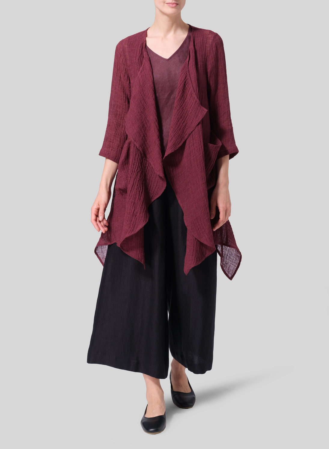 Plum Linen Gauze Waterfall-Front Jacket Set