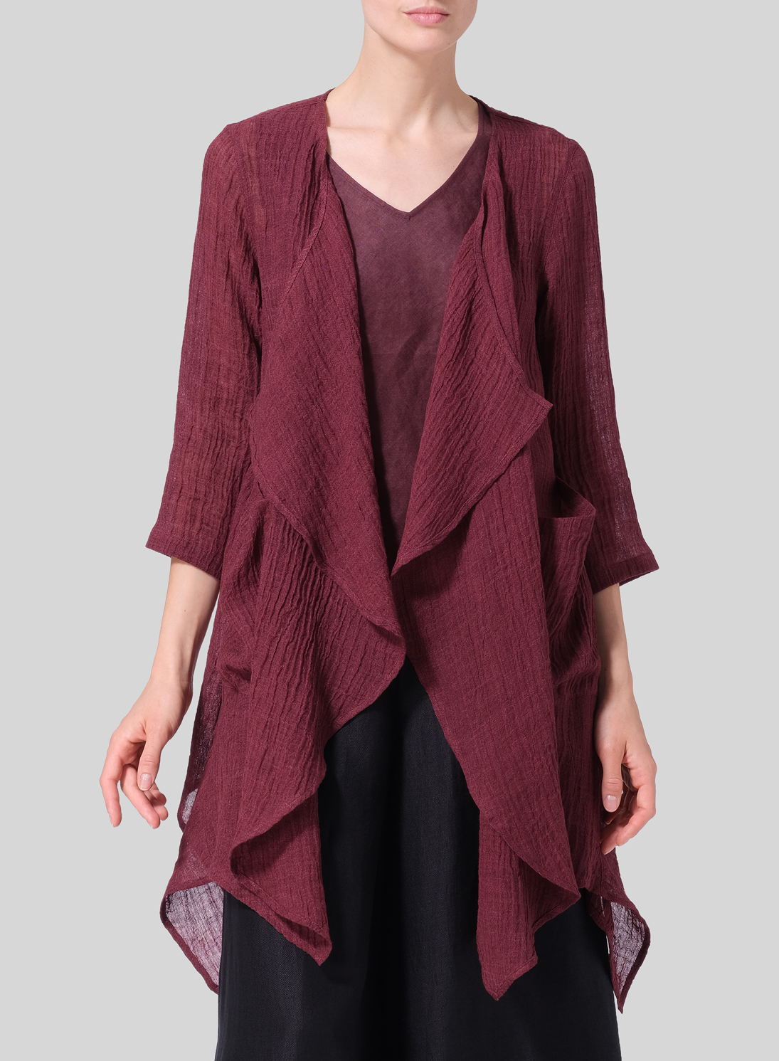 Plum Linen Gauze Waterfall-Front Jacket Set