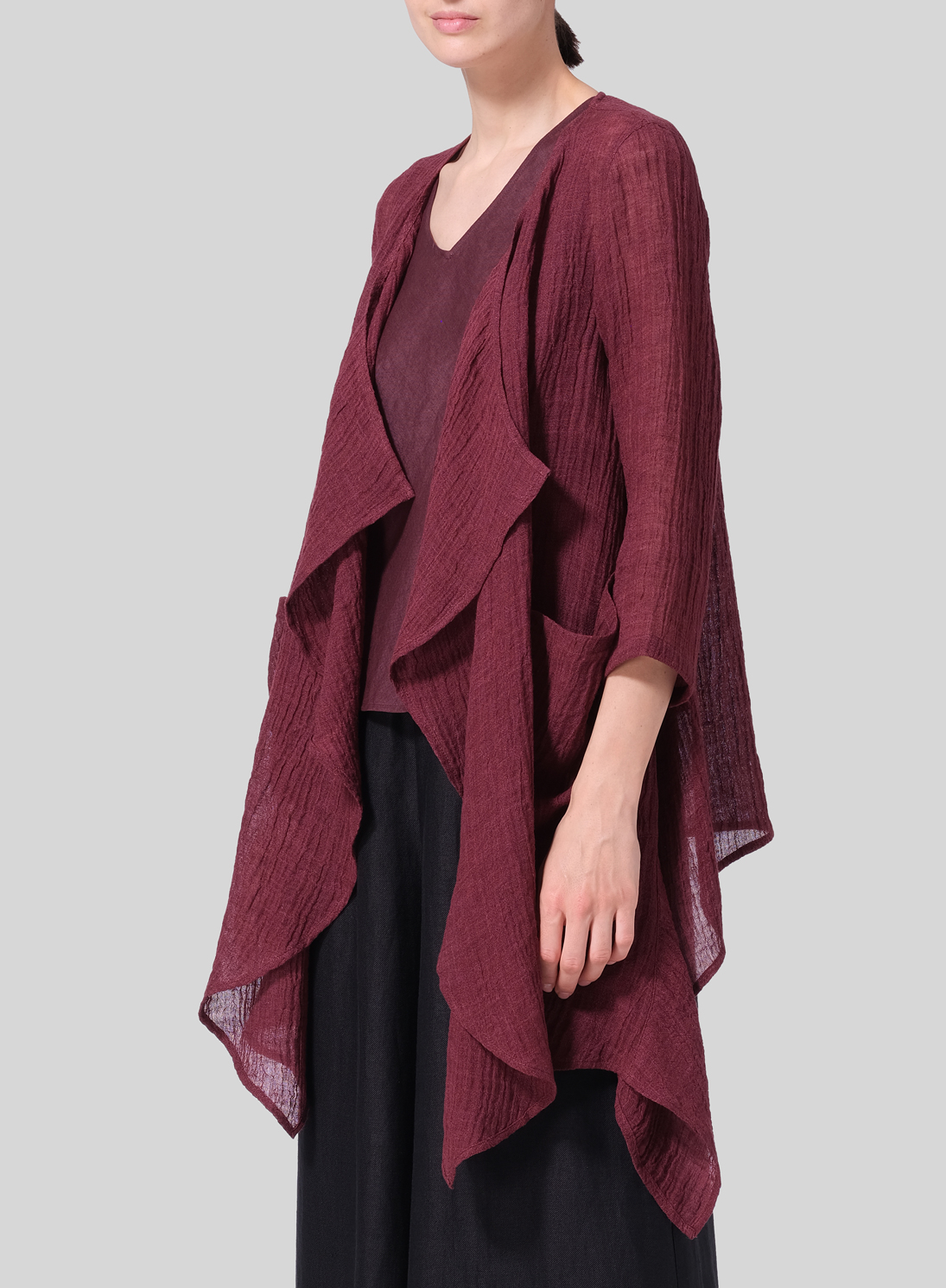 Plum Linen Gauze Waterfall-Front Jacket Set