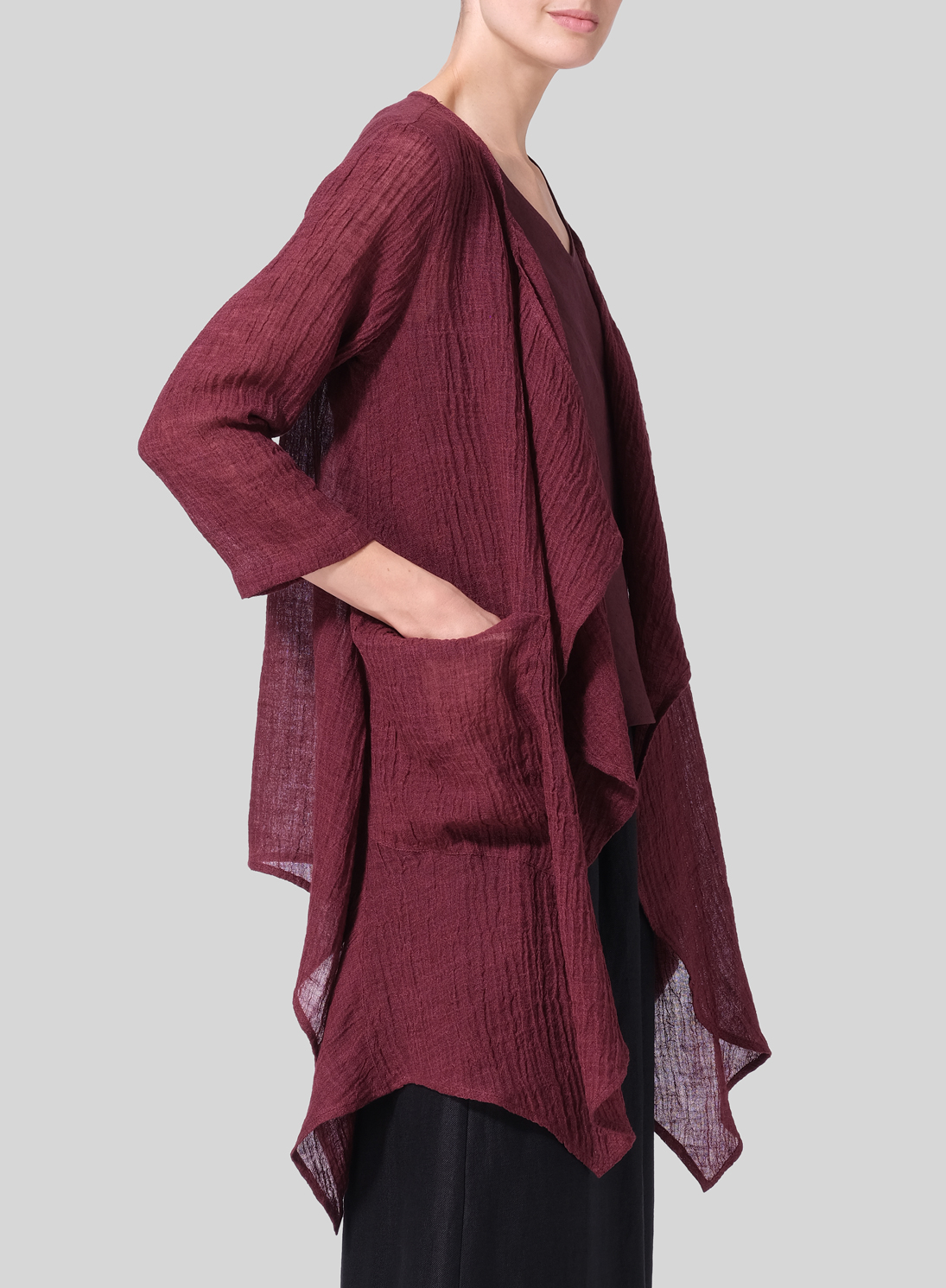 Plum Linen Gauze Waterfall-Front Jacket Set