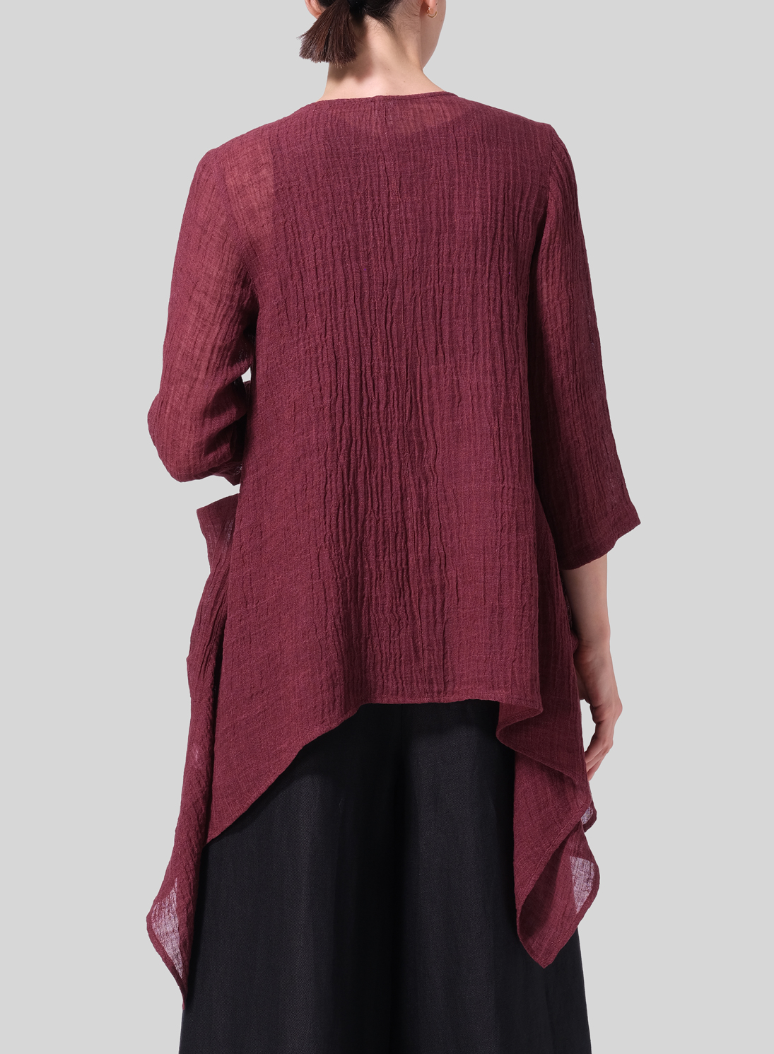Plum Linen Gauze Waterfall-Front Jacket Set