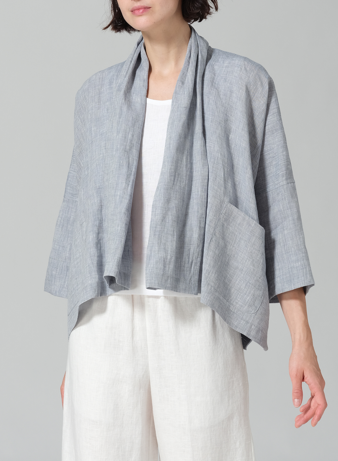 Two Tone Gray Linen Shawl Collar Open Front Cropped Jacket