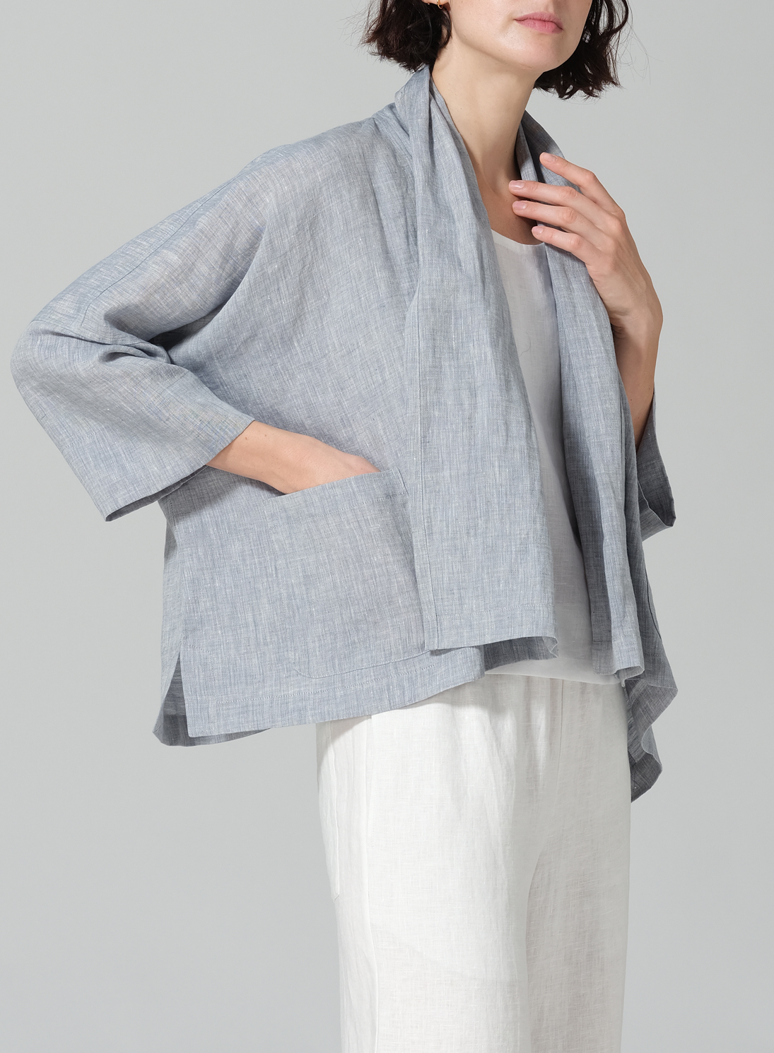 Two Tone Gray Linen Shawl Collar Open Front Cropped Jacket