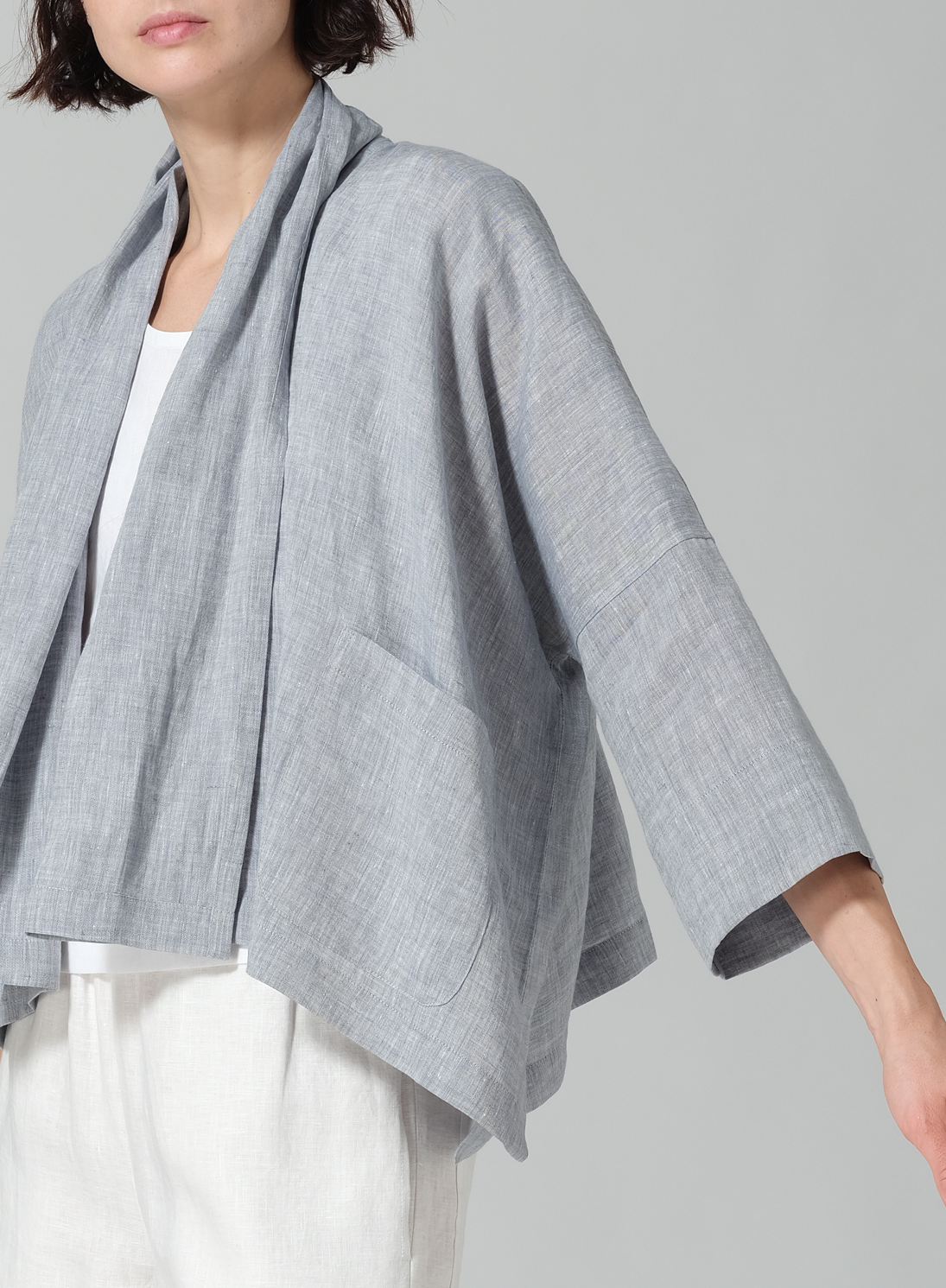 Two Tone Gray Linen Shawl Collar Open Front Cropped Jacket