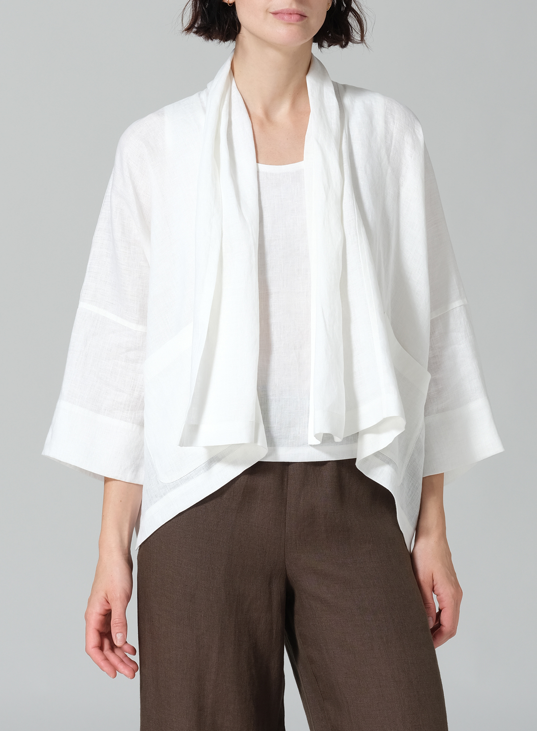 White Linen Shawl Collar Open Front Cropped Jacket