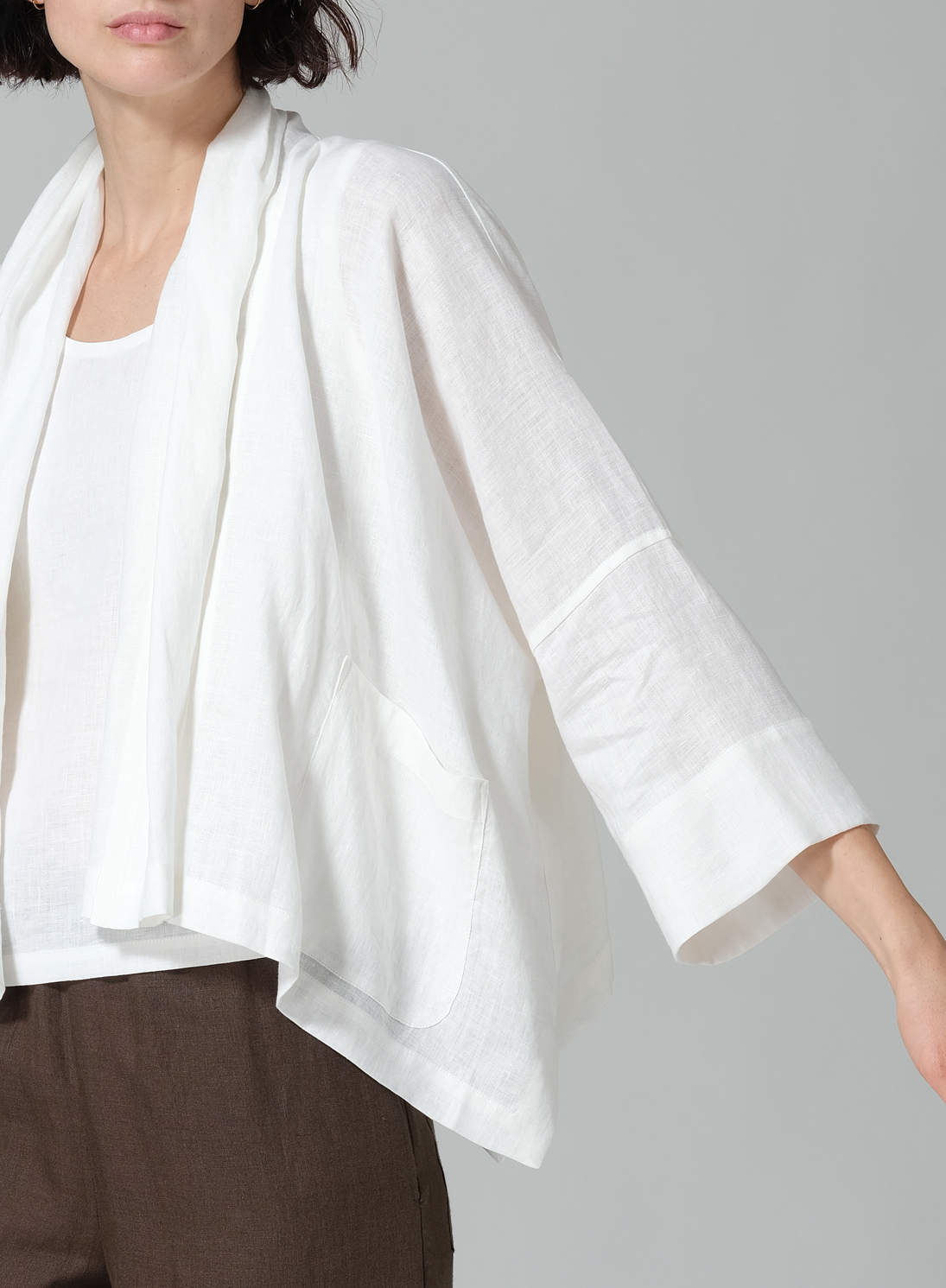 White Linen Shawl Collar Open Front Cropped Jacket