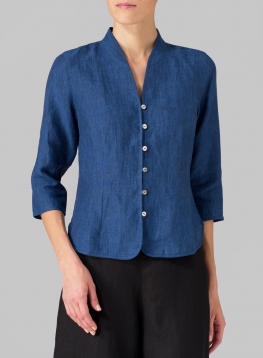 Linen Fitted Mandarin Collar Jacket - Plus Size