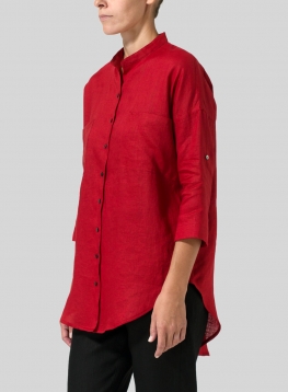 Linen Mandarin Collar Blouse - Plus Size