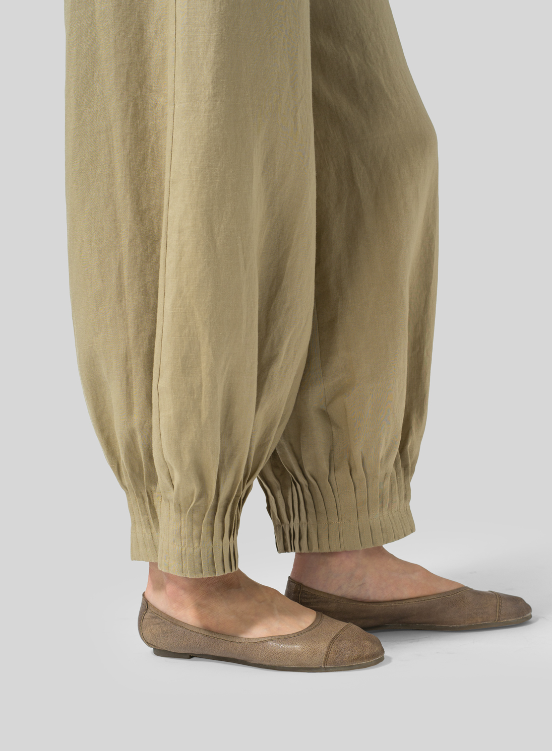 Linen Pleated Cuff Ankle Length Pants - Plus Size