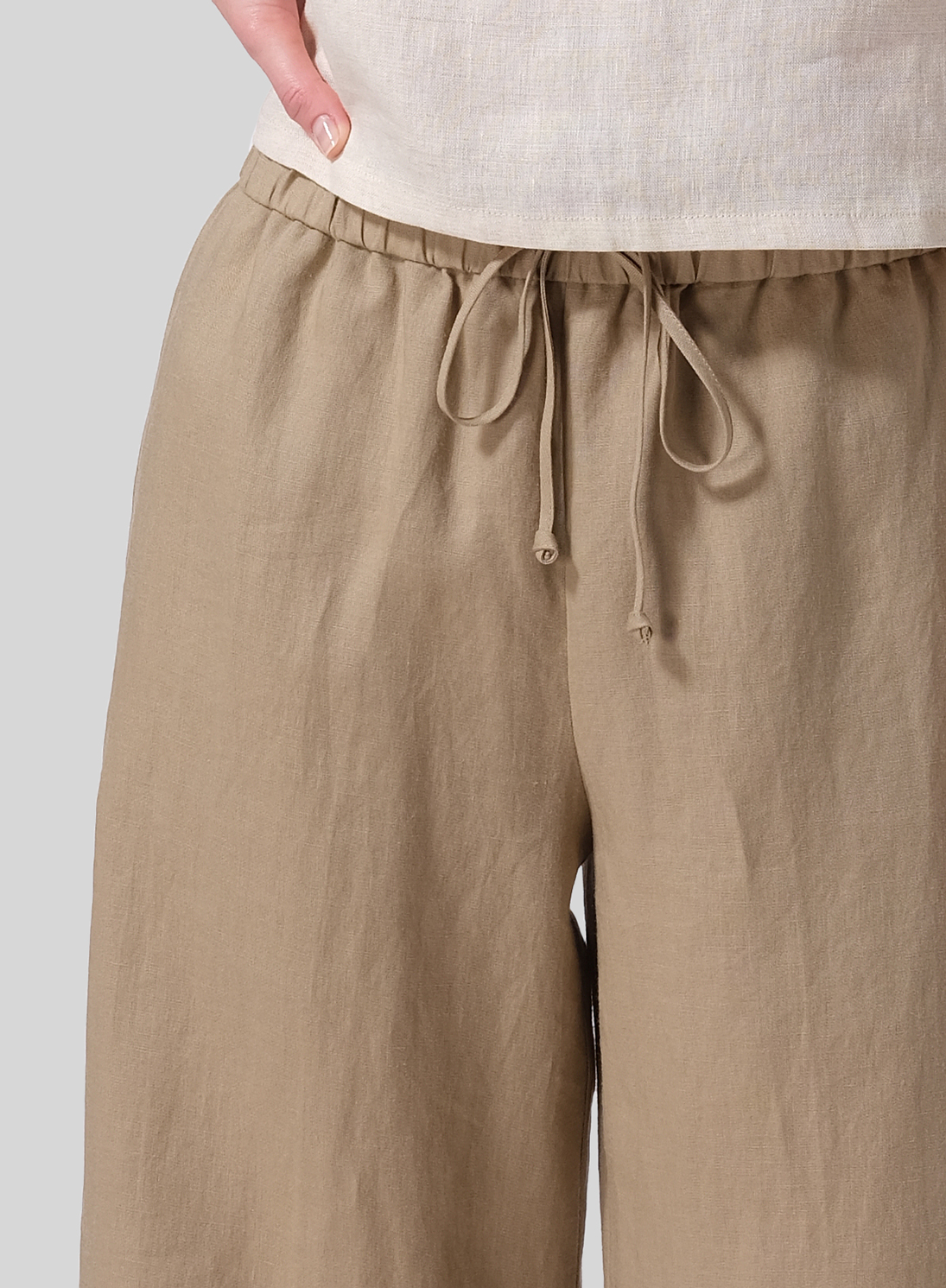 Khaki Sand Linen Drawstring Long Pants
