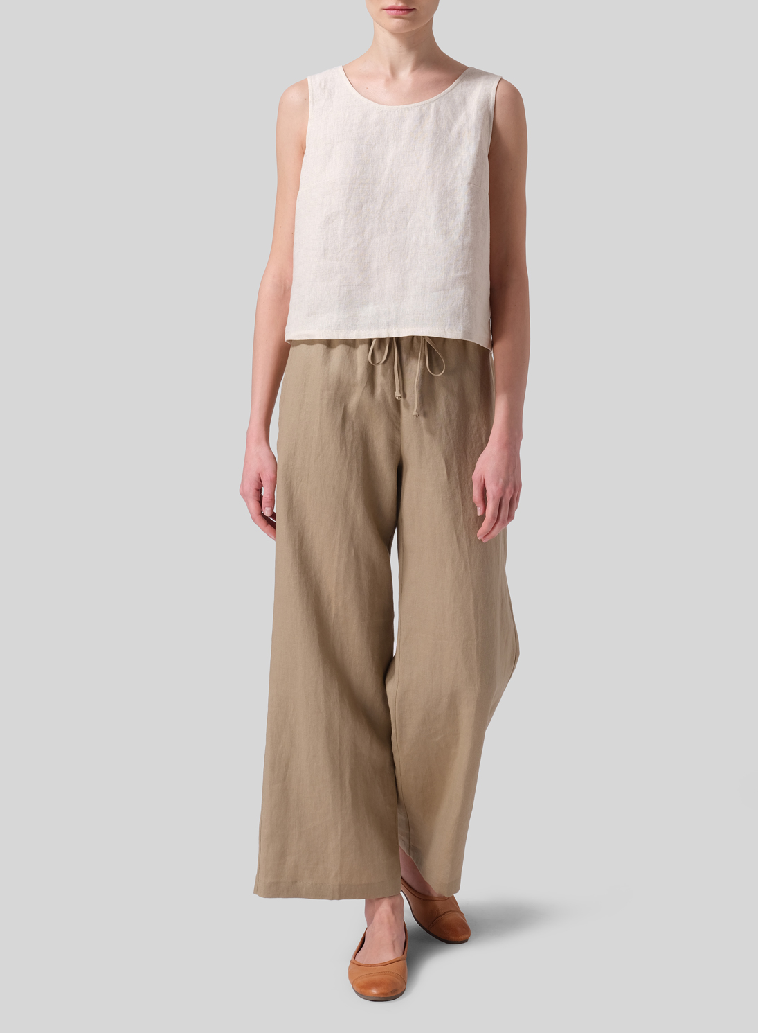 Khaki Sand Linen Drawstring Long Pants