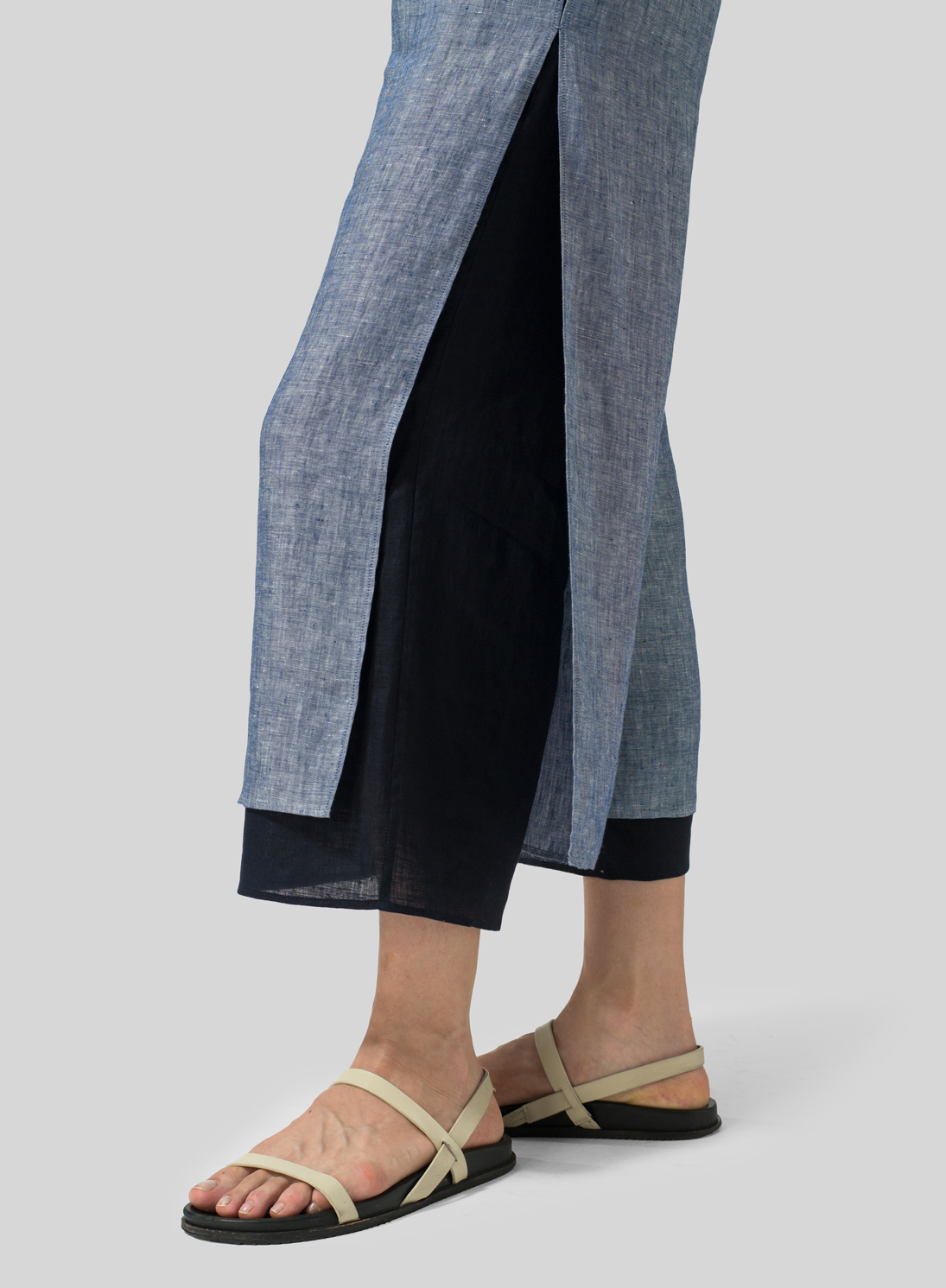 Navy Linen Double Layer Cropped Length Pants