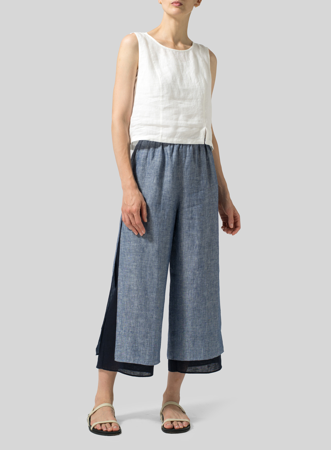 Navy Linen Double Layer Cropped Length Pants