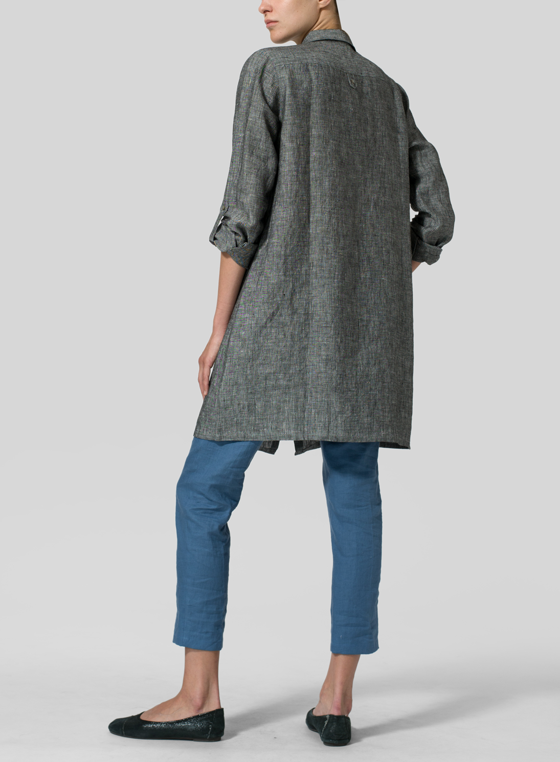 Linen Rolled Sleeve Long Top Set - Plus Size