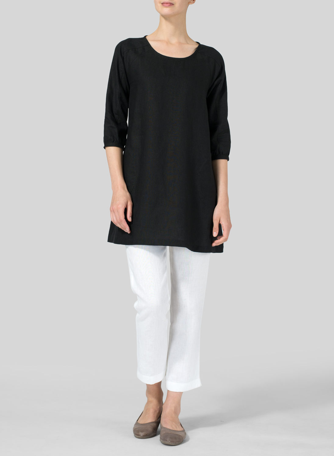 Black Linen Elbow Sleeve Tunic