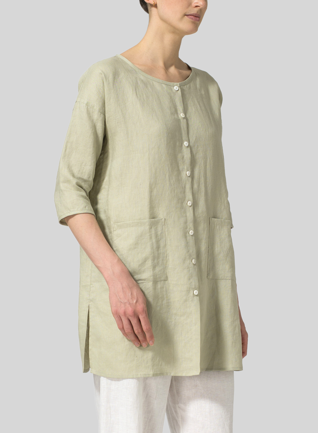 Linen Round Neck Button Front Top - Plus Size