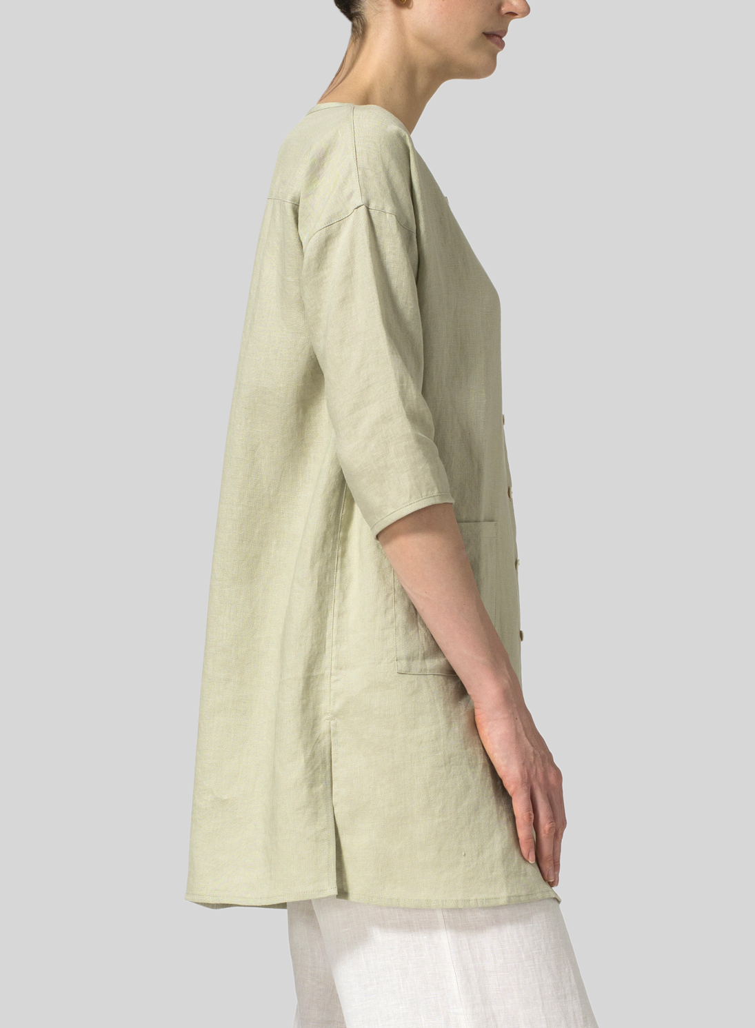 Linen Round Neck Button Front Top - Plus Size