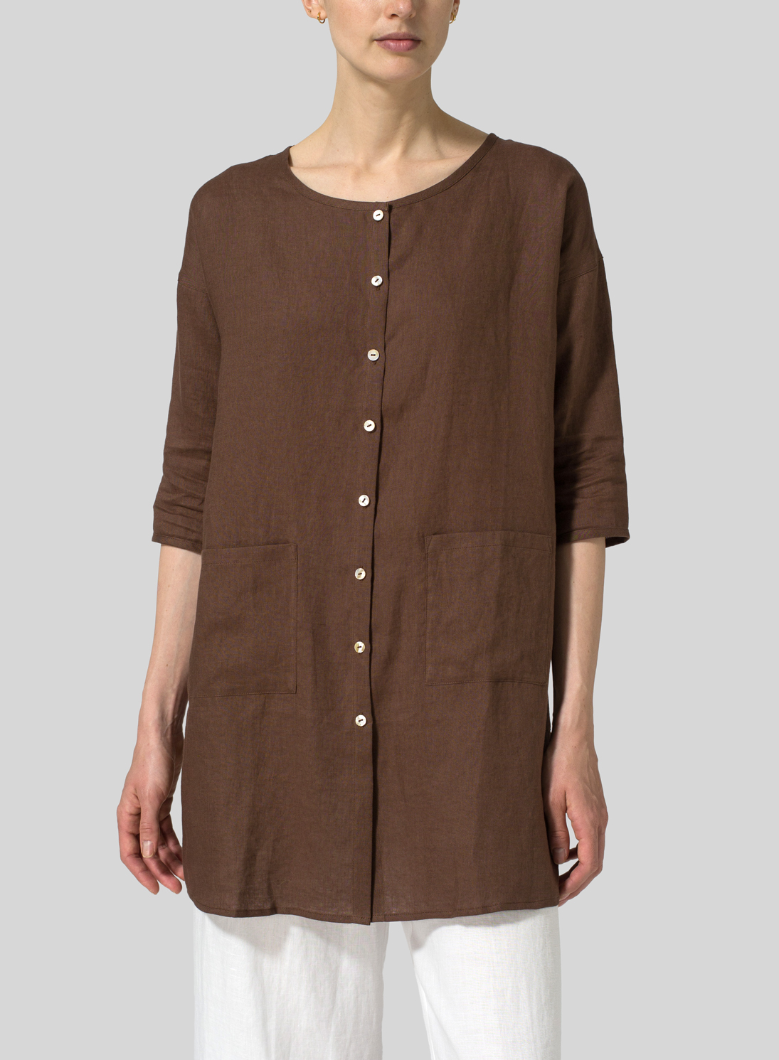 Brown Linen Round Neck Button Front Top Set
