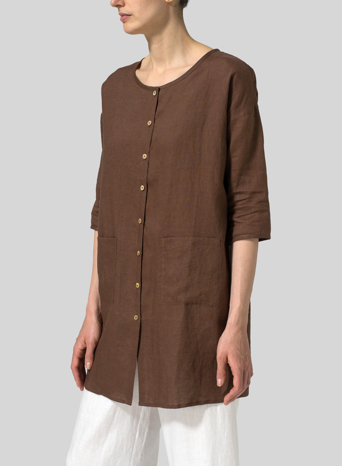 Brown Linen Round Neck Button Front Top Set