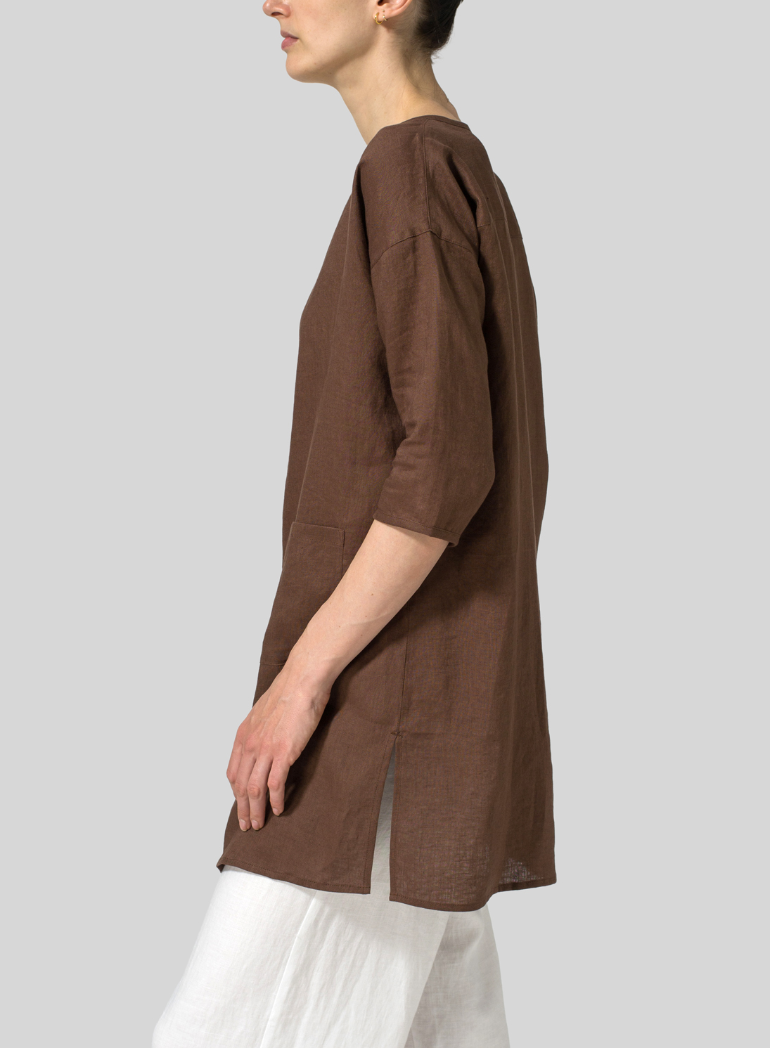 Brown Linen Round Neck Button Front Top Set