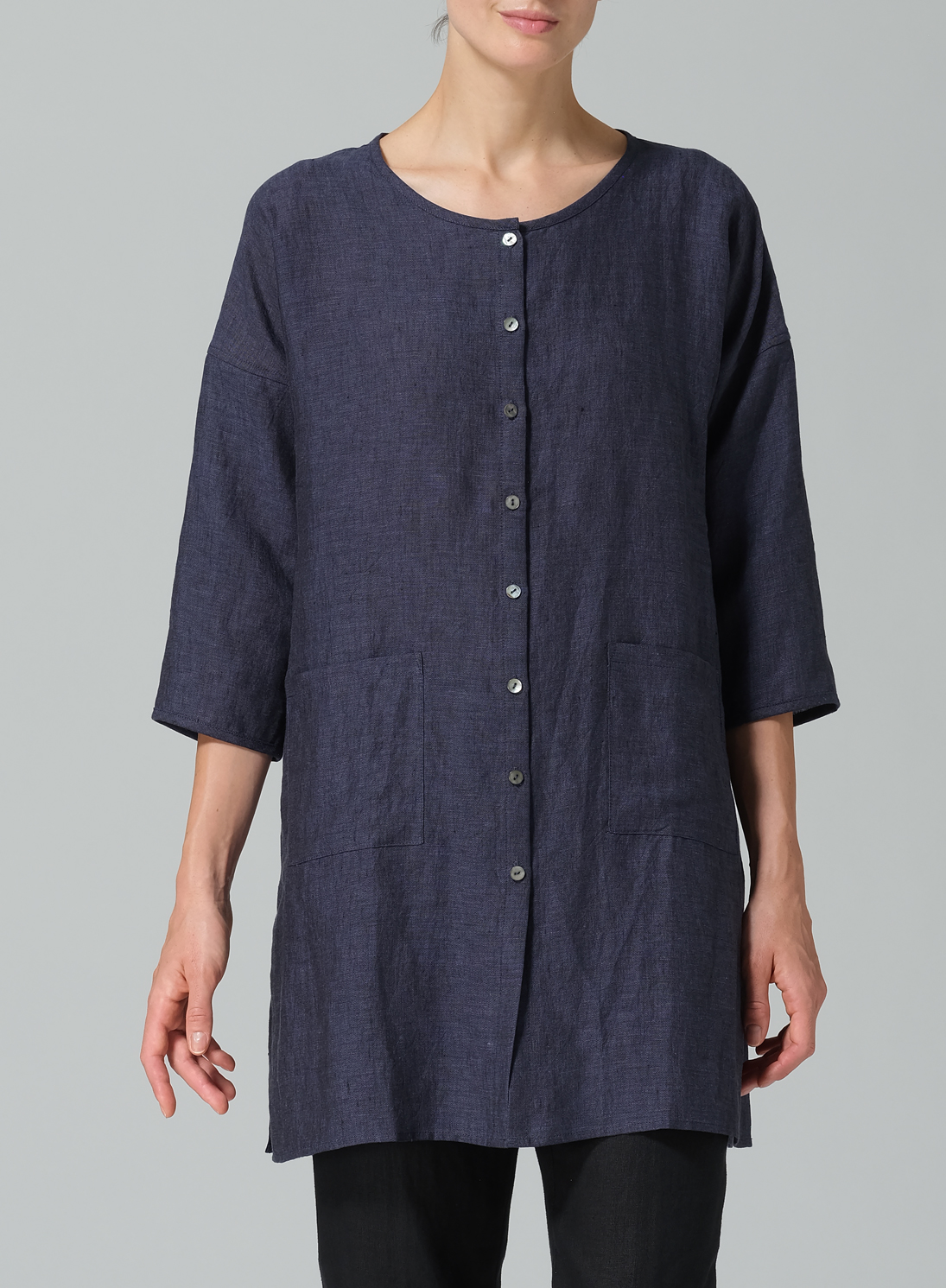 Linen Round Neck Button Front Top - Plus Size