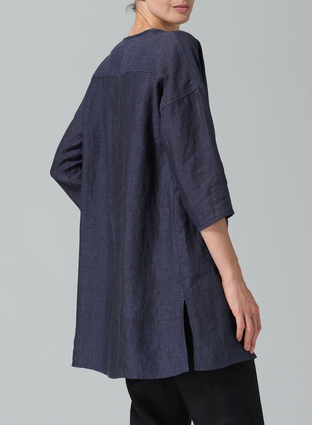 Linen Round Neck Button Front Top - Plus Size