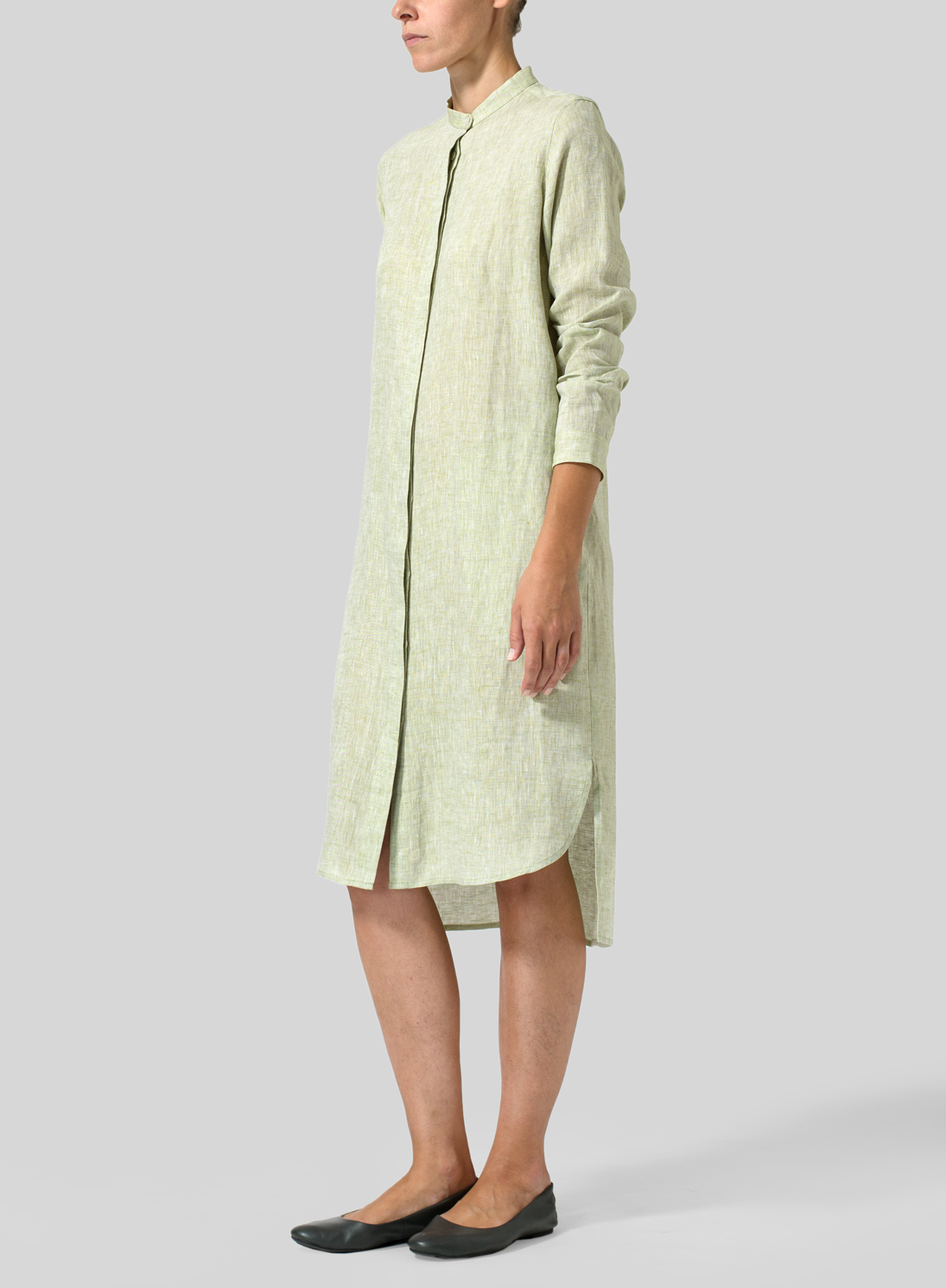 Two Tone Green Linen Collarless Long Blouse - Plus Size