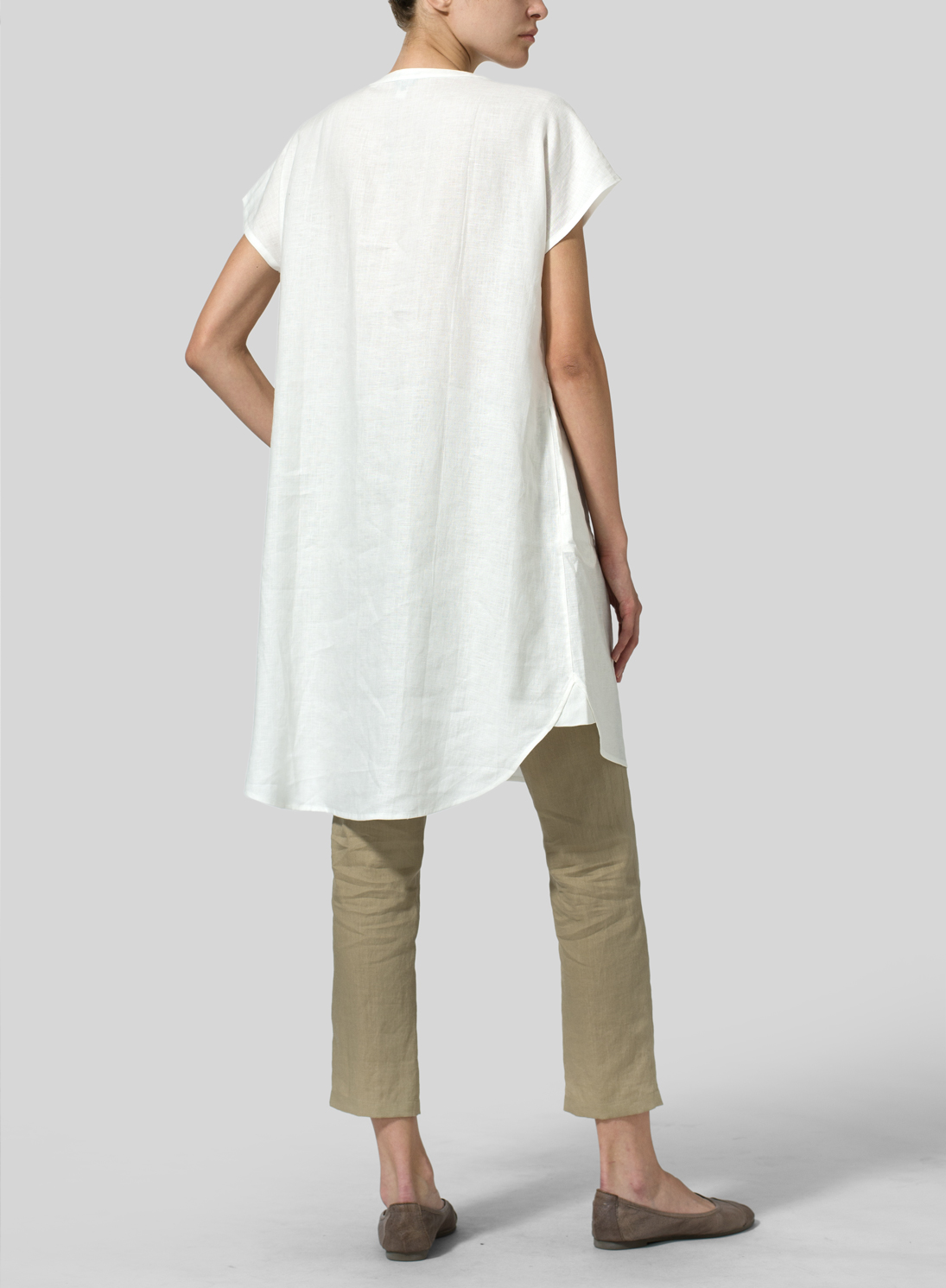 Linen Split Neck Long Tunics - Plus Size